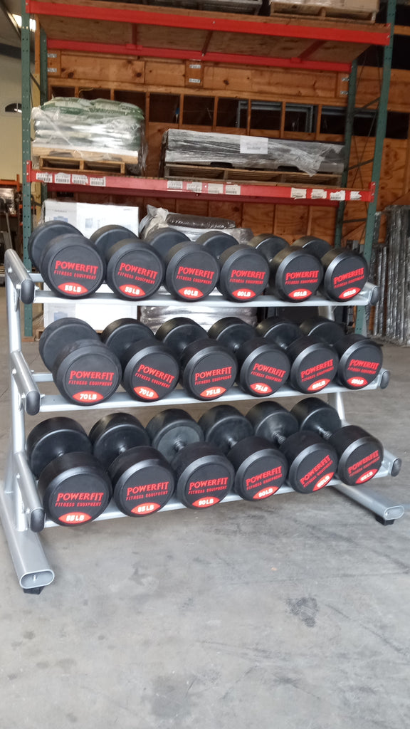 PowerFit Round Dumbbell Set 55lb-95lb and Silver Three Tier Dumbbell R ...